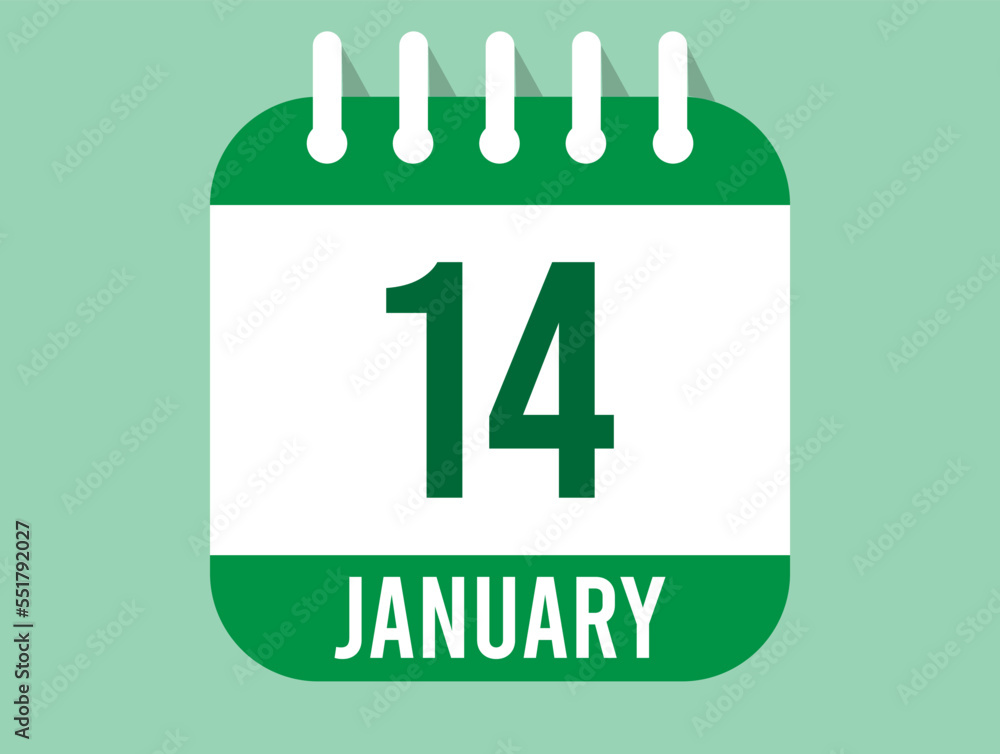 14 January day calendar icon. Calendar page in green color for the days ...