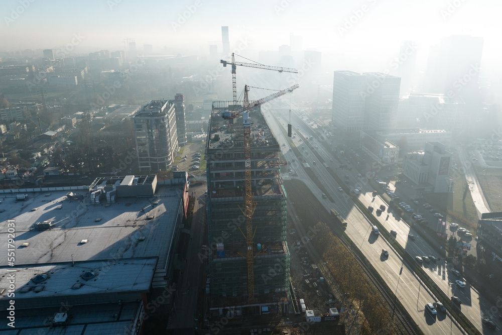 Construction site with a tower crane. Construction of residential ...