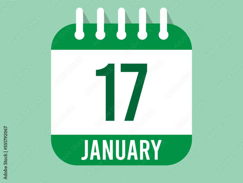 17 January day calendar icon. Calendar page in green color for the days ...