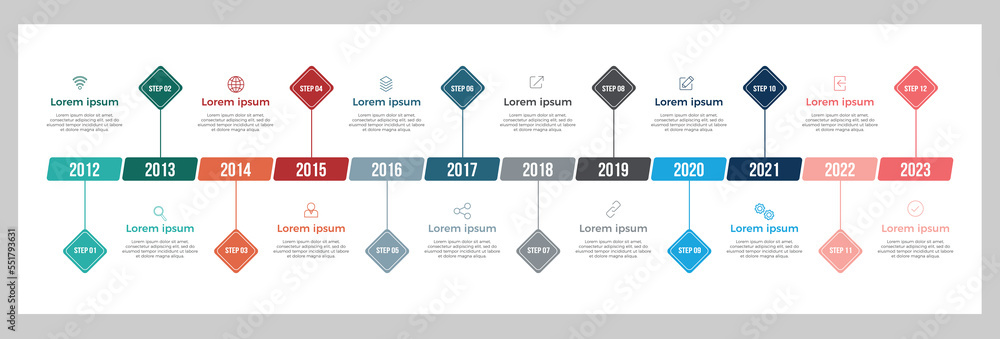 Timeline infographic diamond design template with 12 steps. Colorful ...
