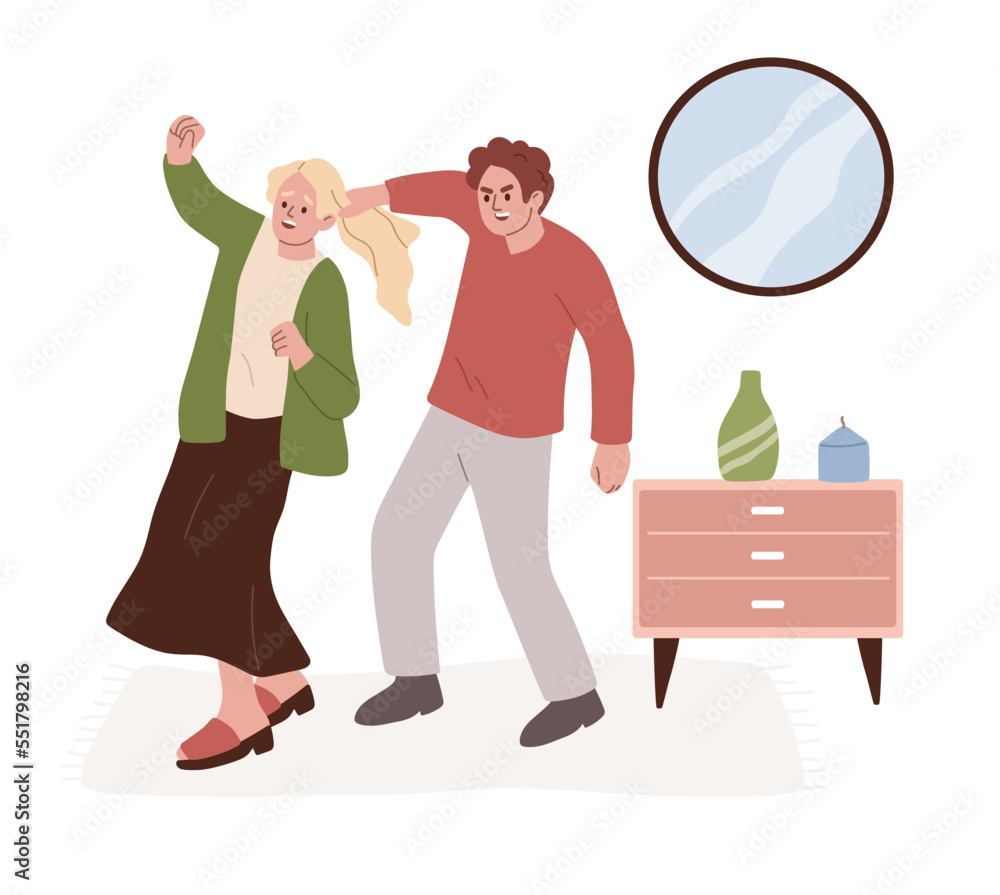 Vetor de Physical abuse. Domestic violence. Aggressive husband pulling ...