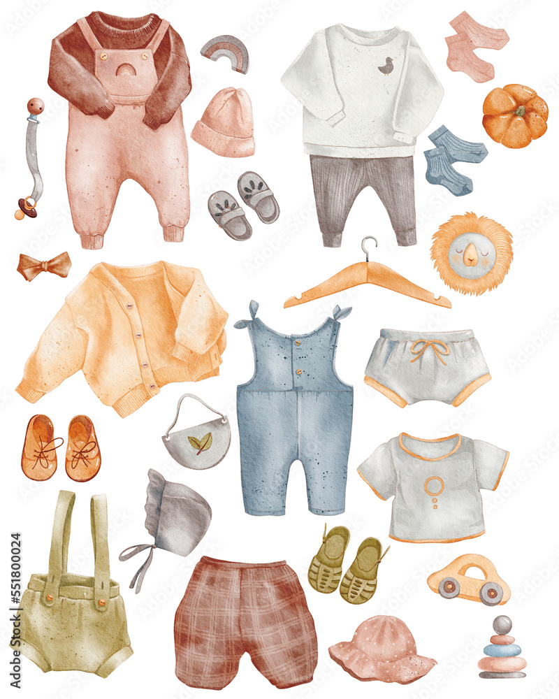Watercolor baby apparels and toys on transparent background. Set of ...