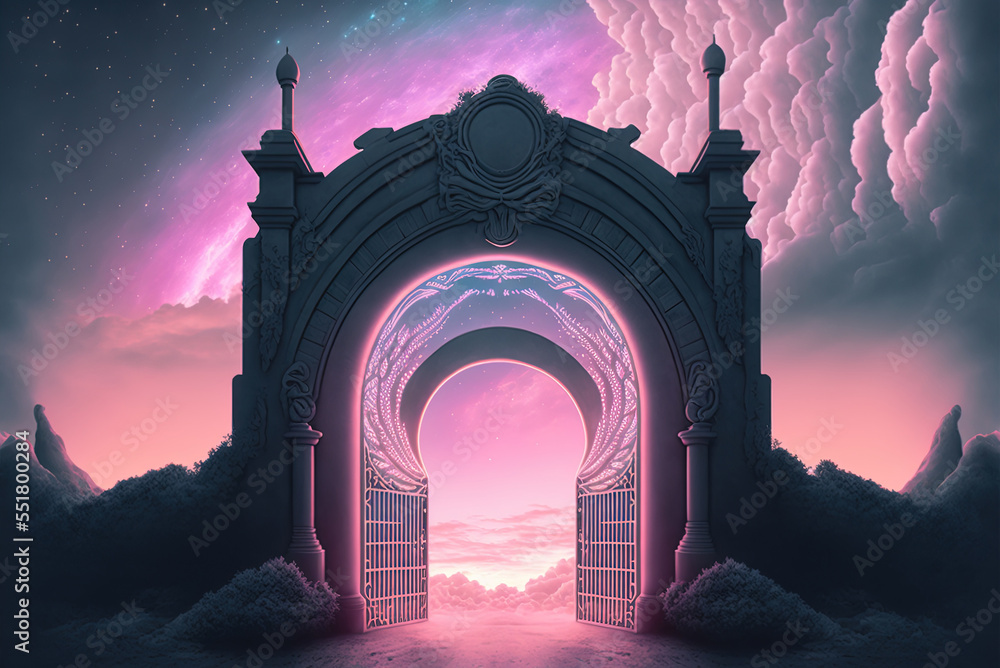 Artwork depicting a rasterized gate with a neon light and soft pastel ...