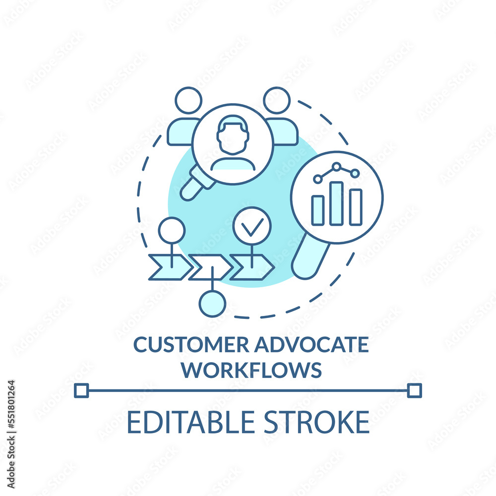 Customer advocate workflows turquoise concept icon. Client-centric ...