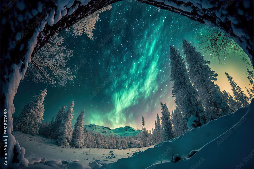 Northern lights against the background of snowy trees in the winter ...