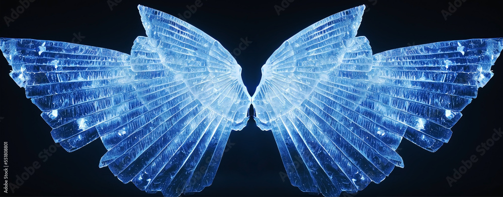 Blue glassy ice wings. Diamond feathers. Cold glowing blue angelical ...