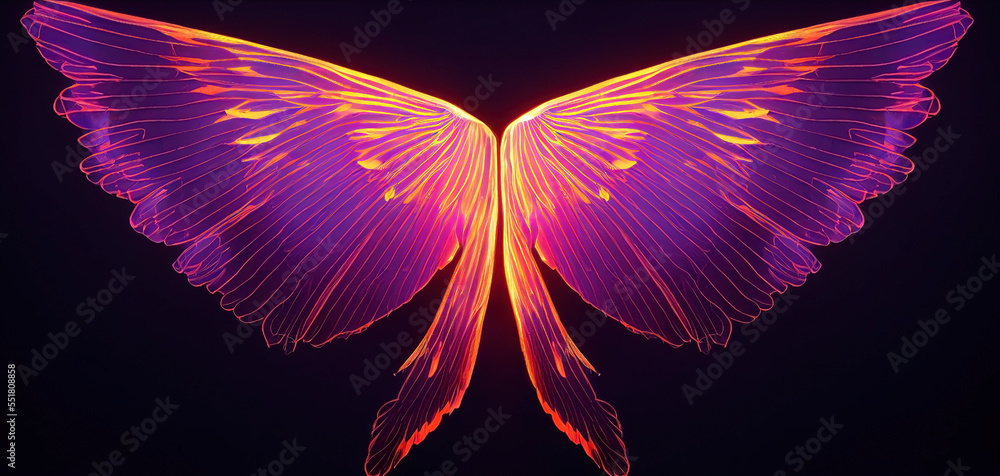 Magical glowing angel fairy wings and feathers. Purple, pink and warm ...