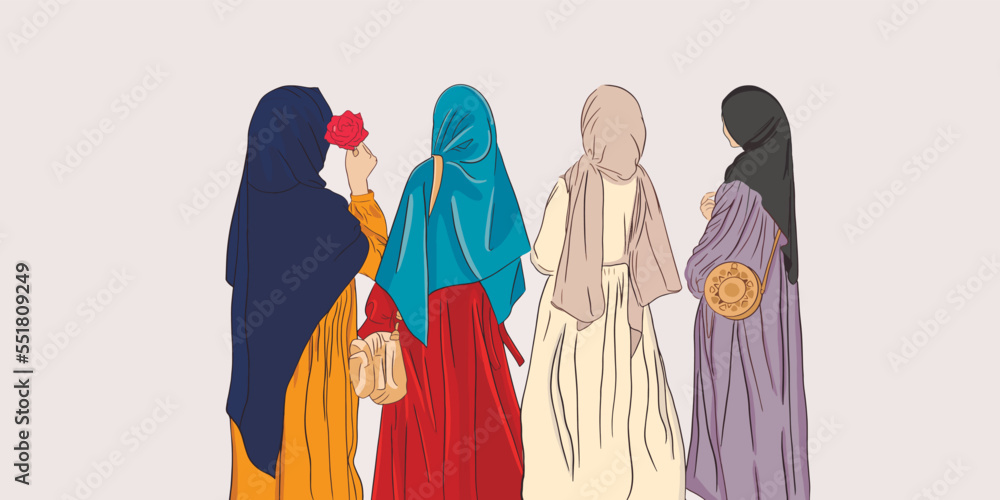 Four girls in hijabs are standing with their backs. United girls in ...