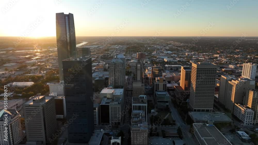 Downtown Oklahoma City. Aerial establishing shot of the capital of OK ...