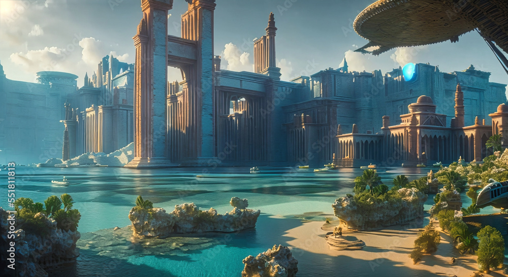 fantasy illustration of ancient Atlantis city with huge stone buildings ...