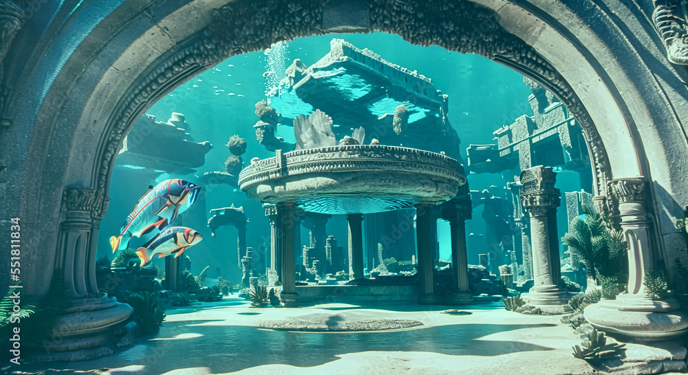 fantasy illustration of submerged ancient Atlantis city ruins with ...