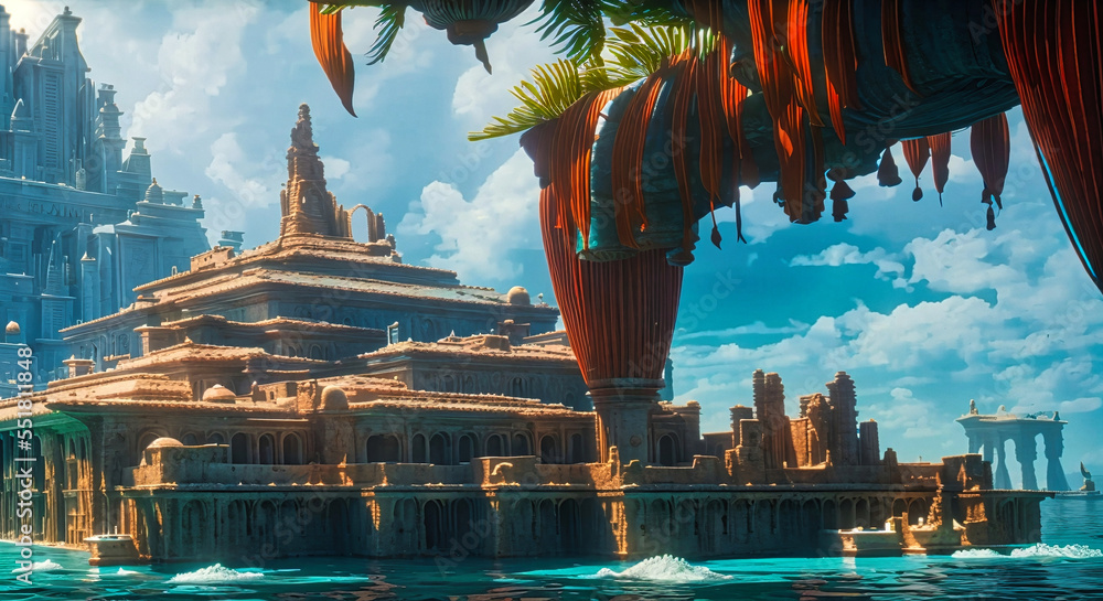 ancient Atlantis city with huge cascade stone temple buildings view ...