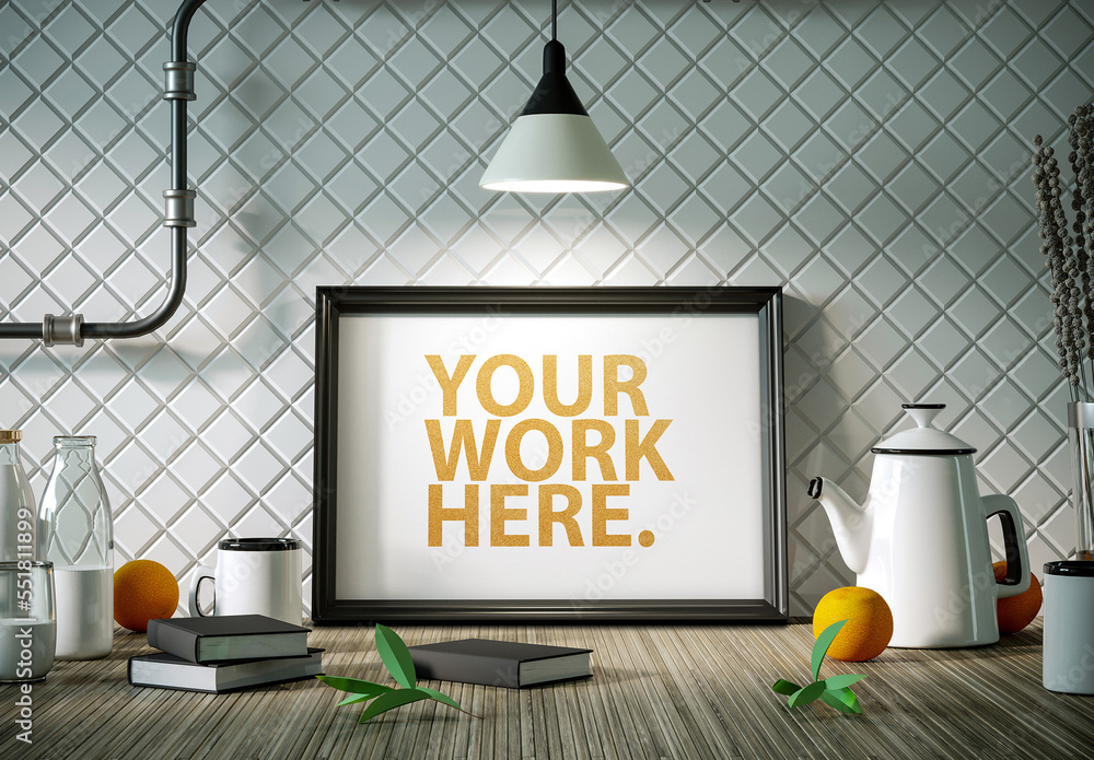 Horizontal black frame poster Mockup standing on table in kitchen Stock ...