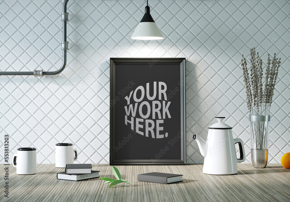 Vertical black frame poster Mockup standing on table in kitchen Stock ...