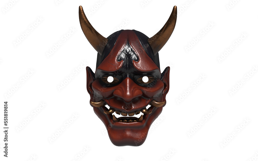 japanese red demon mask with golden horns on white background Stock ...