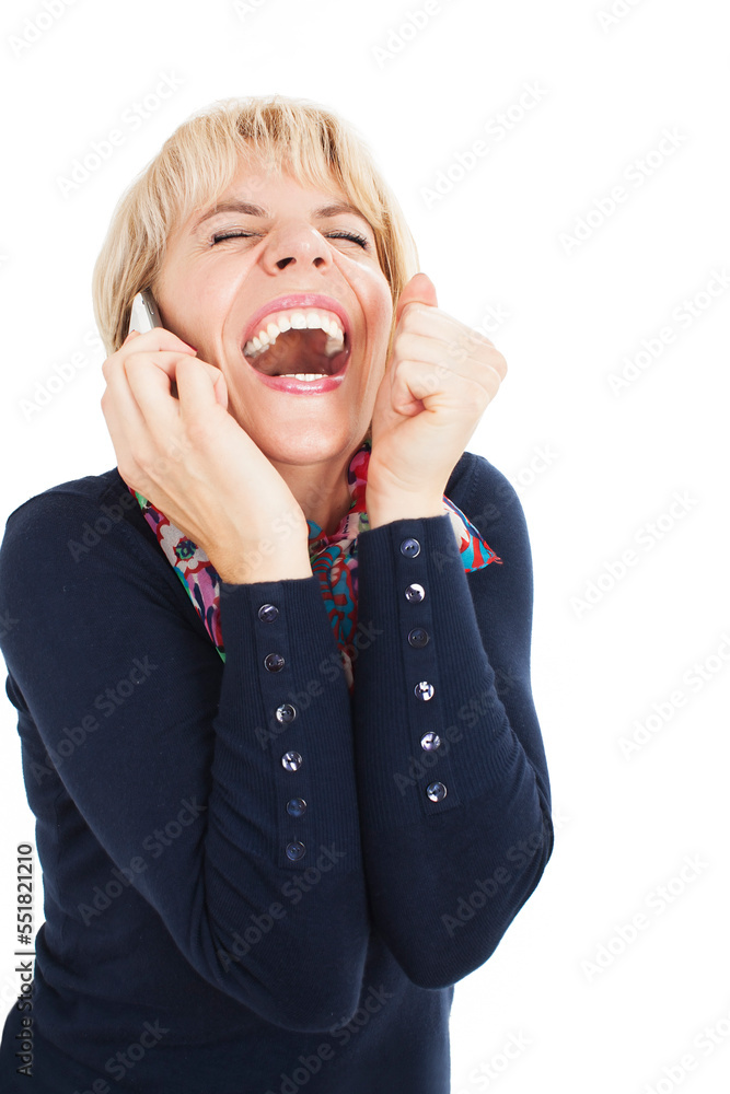 Excited woman calling with cell telephone. Positive human emotion face ...