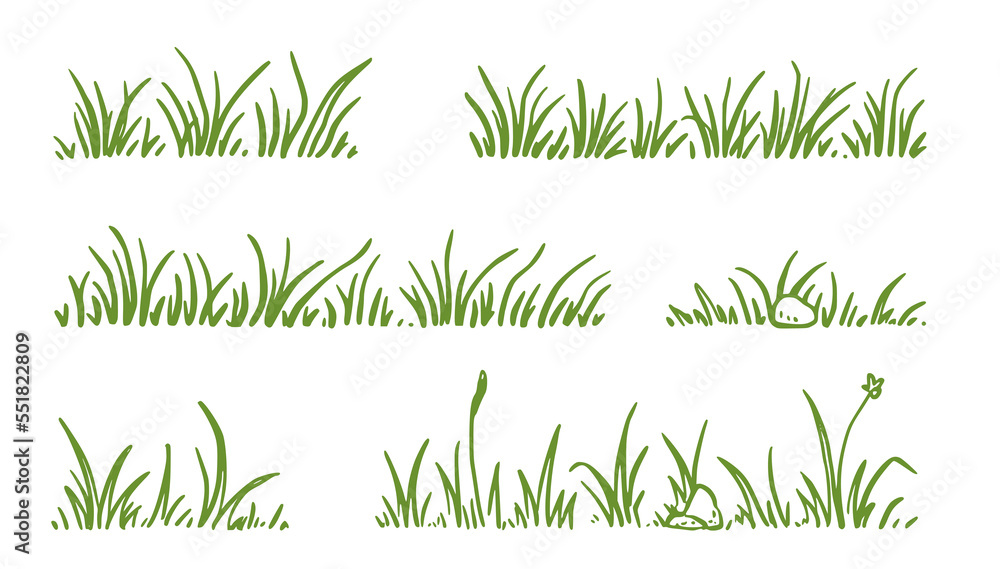 Grass doodle sketch style set. Hand drawn green grass field outline ...