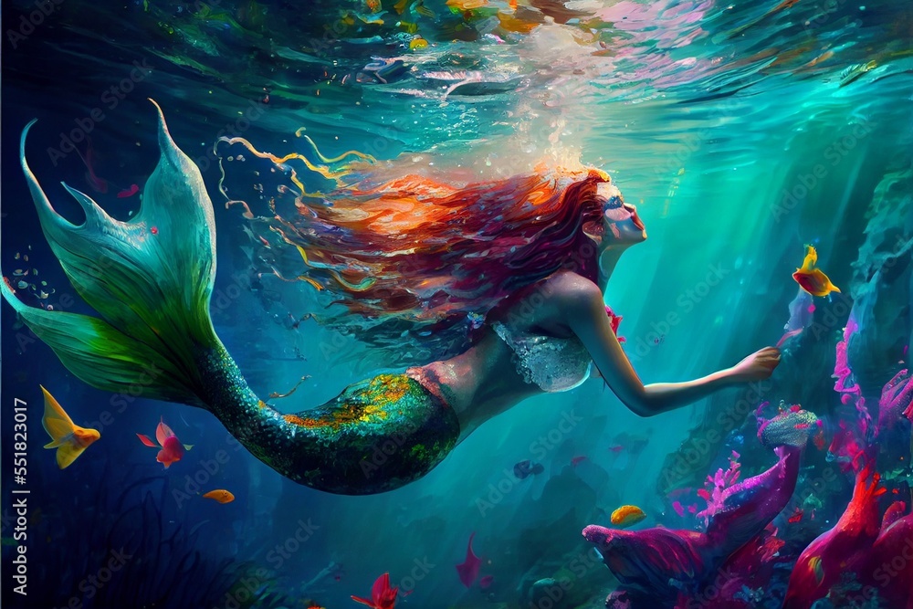 mermaid under water Stock Illustration | Adobe Stock