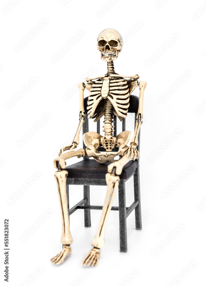 Human Skeleton sitting on a old chair isolated on white background ...