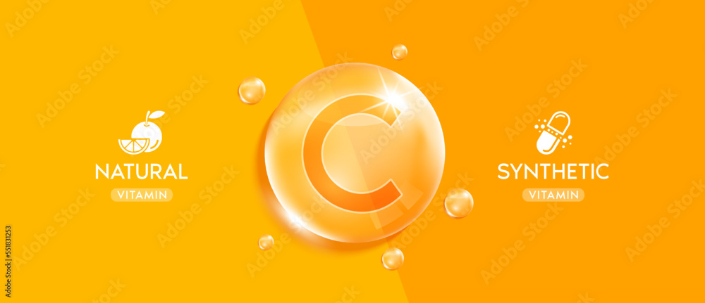 Synthetic and Natural vitamin C droplet. Banner design for ad dietary ...