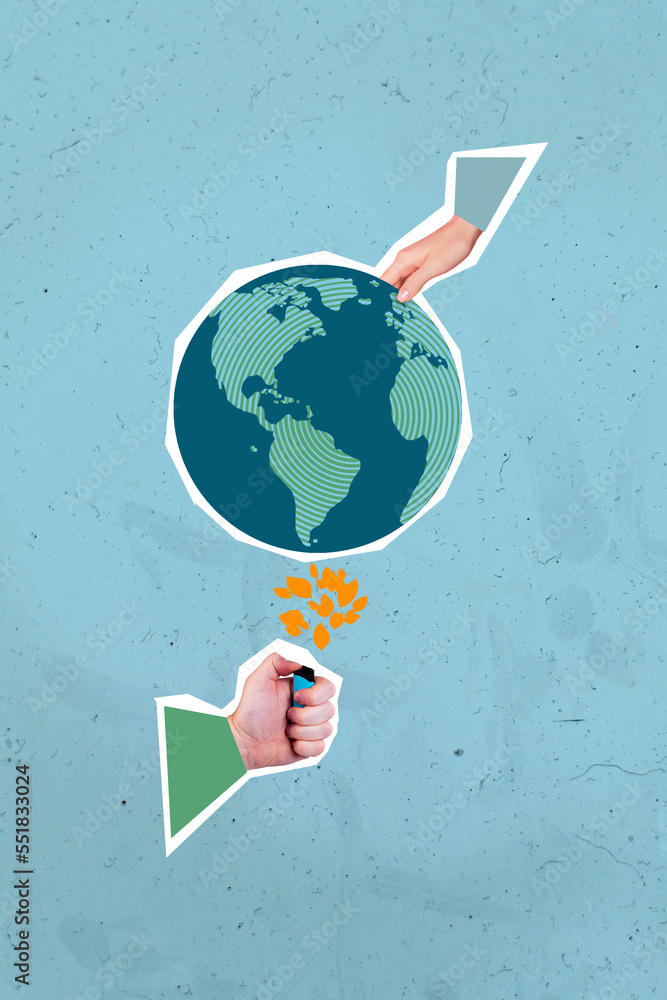 Collage photo concept of big planet earth damaged lighter fire warming ...