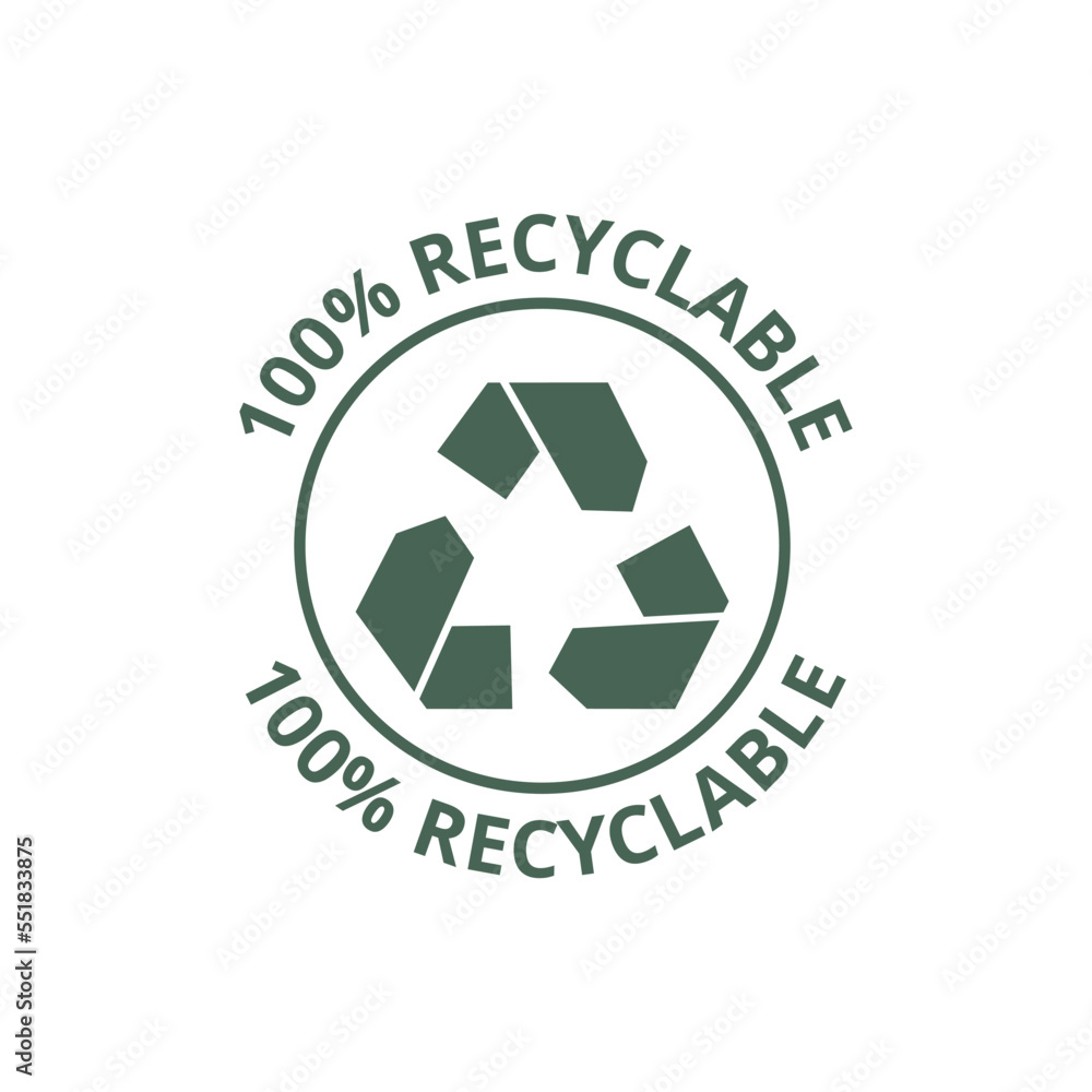 100% recycled sign or logo. Recyclable material symbol. Eco friendly ...