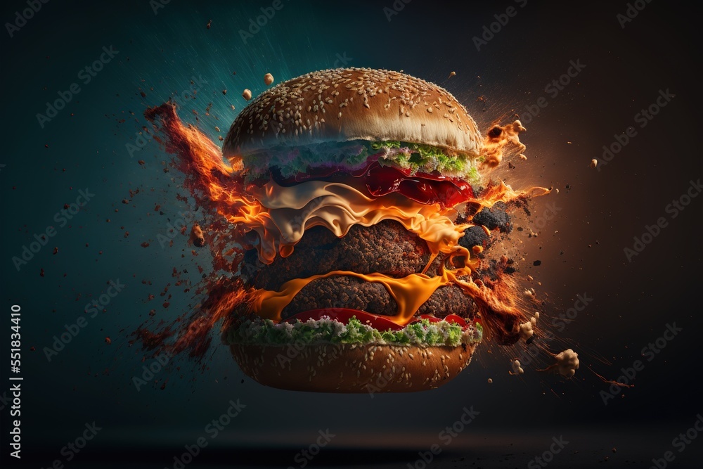 exploding spicy burger sandwich fictitious generative AI artwork that ...