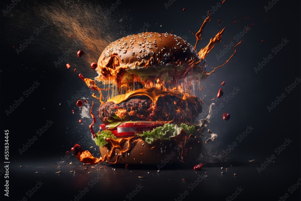 exploding spicy burger sandwich fictitious generative AI artwork that ...