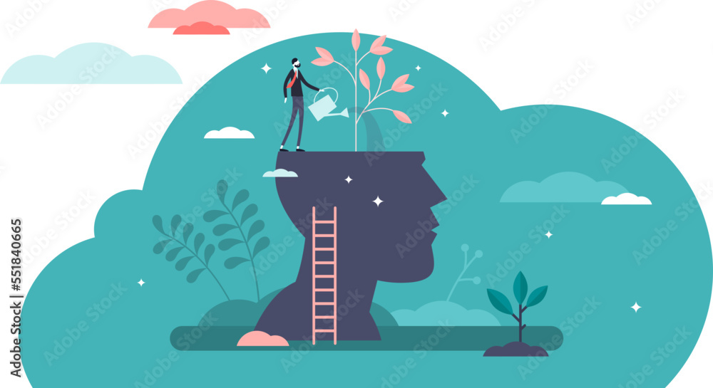 Mind growth progress concept, flat tiny person, transparent background ...