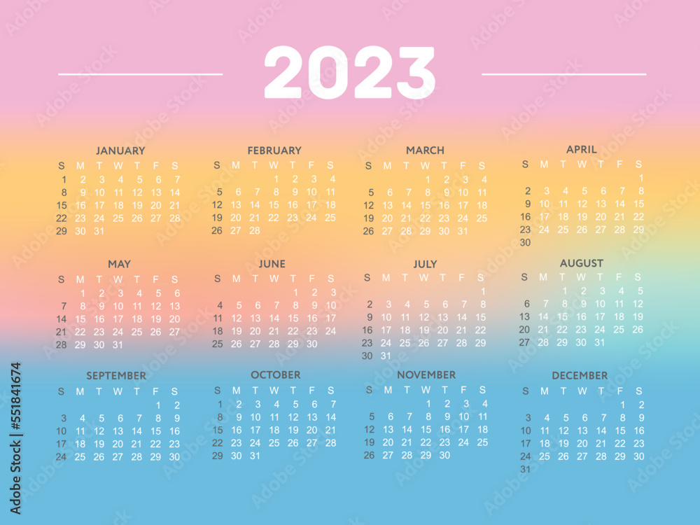 2023 Calendar year vector illustration. The week starts on Sunday ...