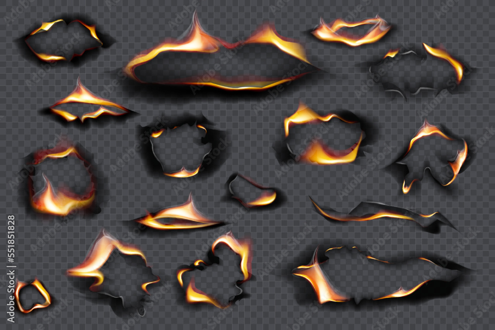 Collection of burnt faded holes piece burned paper realistic fire flame ...