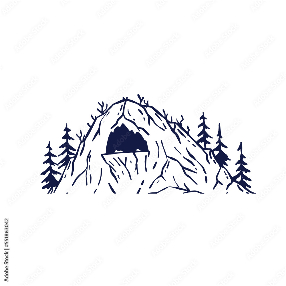 Cave in mountain in engraving style. Hand drawn cartoon illustration ...