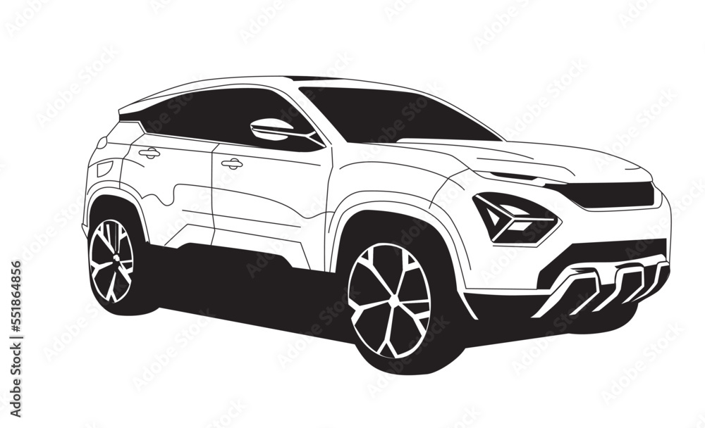 Car silhouette outline illustration black and white style Stock Vector ...