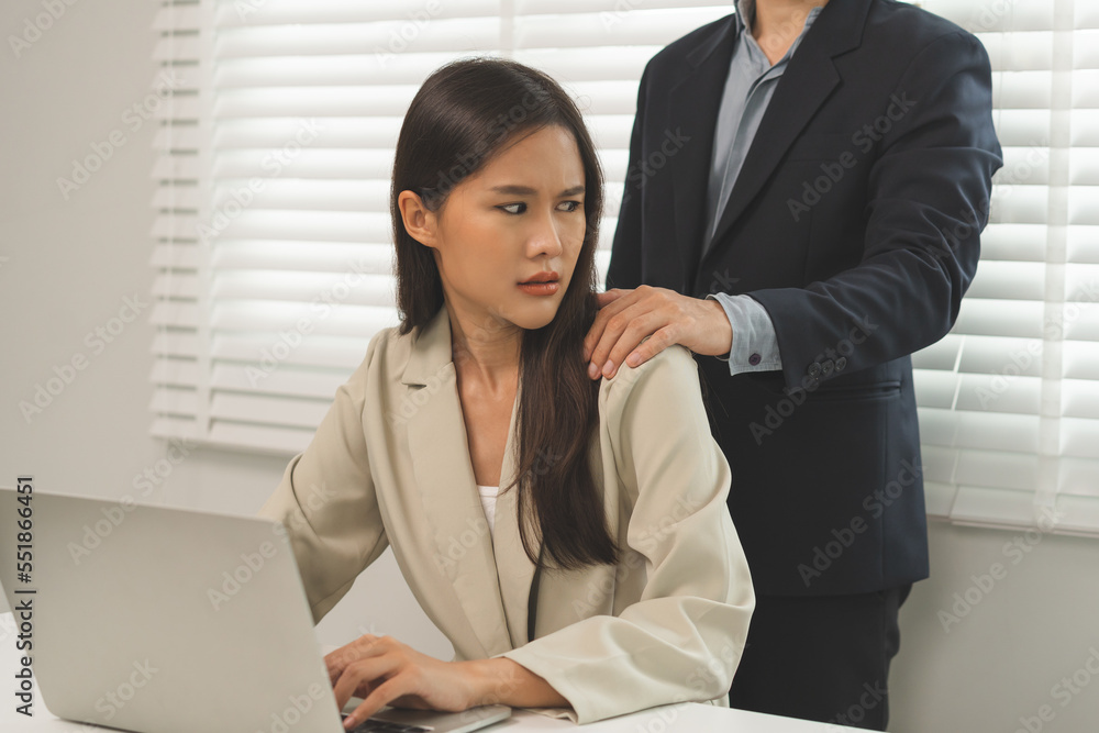 Unhappy, disgusted asian young employee, business woman defending hand ...