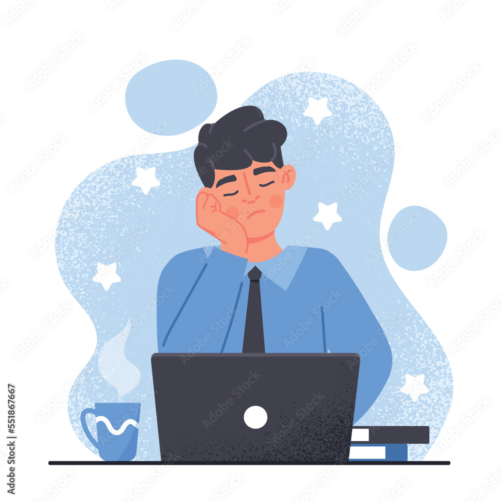 Sleepy work concept. Young guy sits at his workplace, propping his head ...
