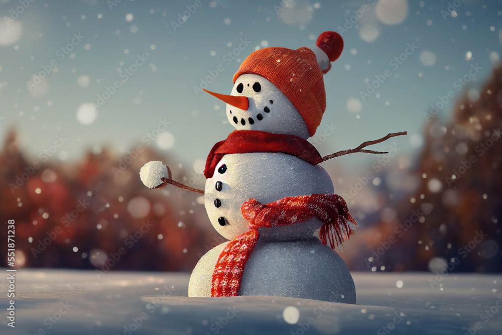 Cute smiling snowman with a carrot nose wearing an orange hat and an ...