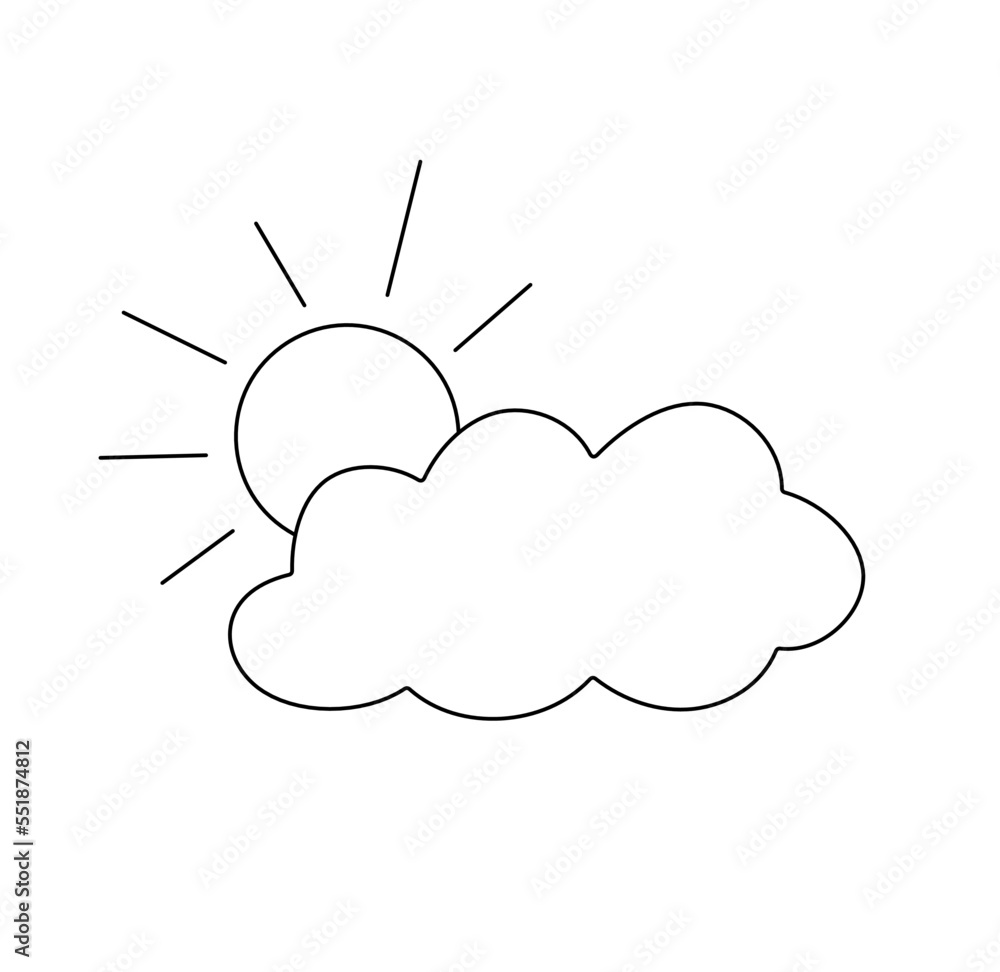 Vector isolated simple minimal cloud and sun colorless black and white ...