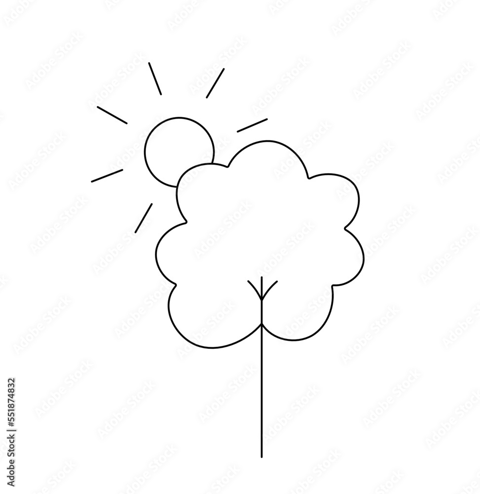 Vector isolated simple minimal sun and tree colorless black and white ...