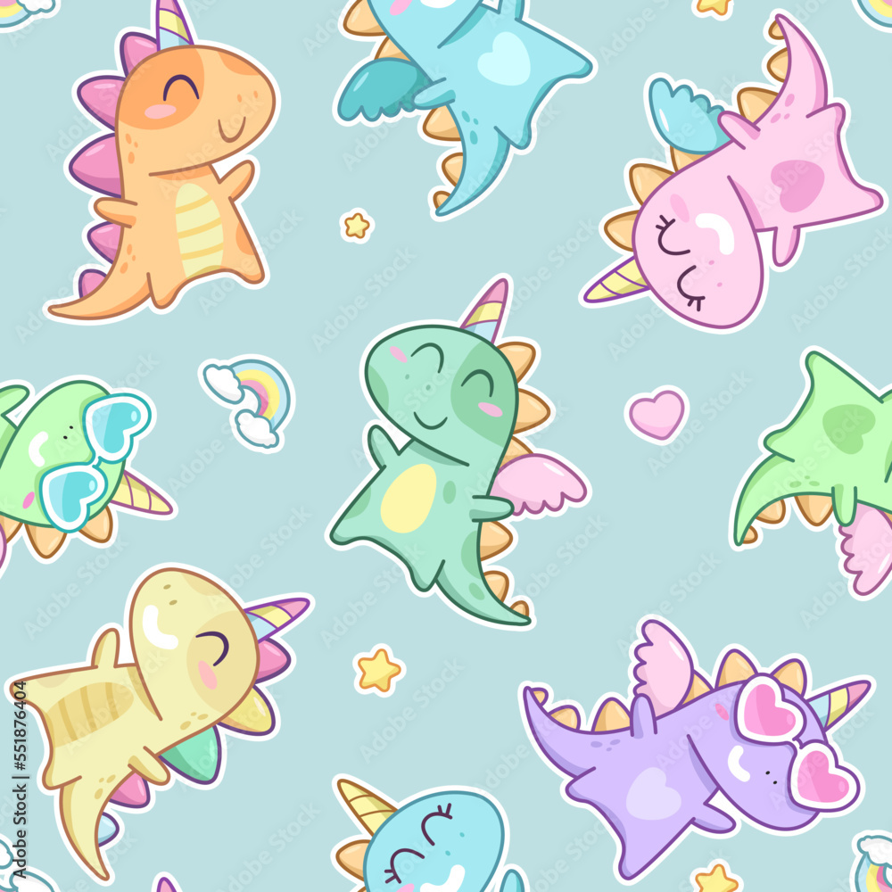 Dinocorn or dinosaur unicorn hand drawn doodle seamless pattern. Cute ...