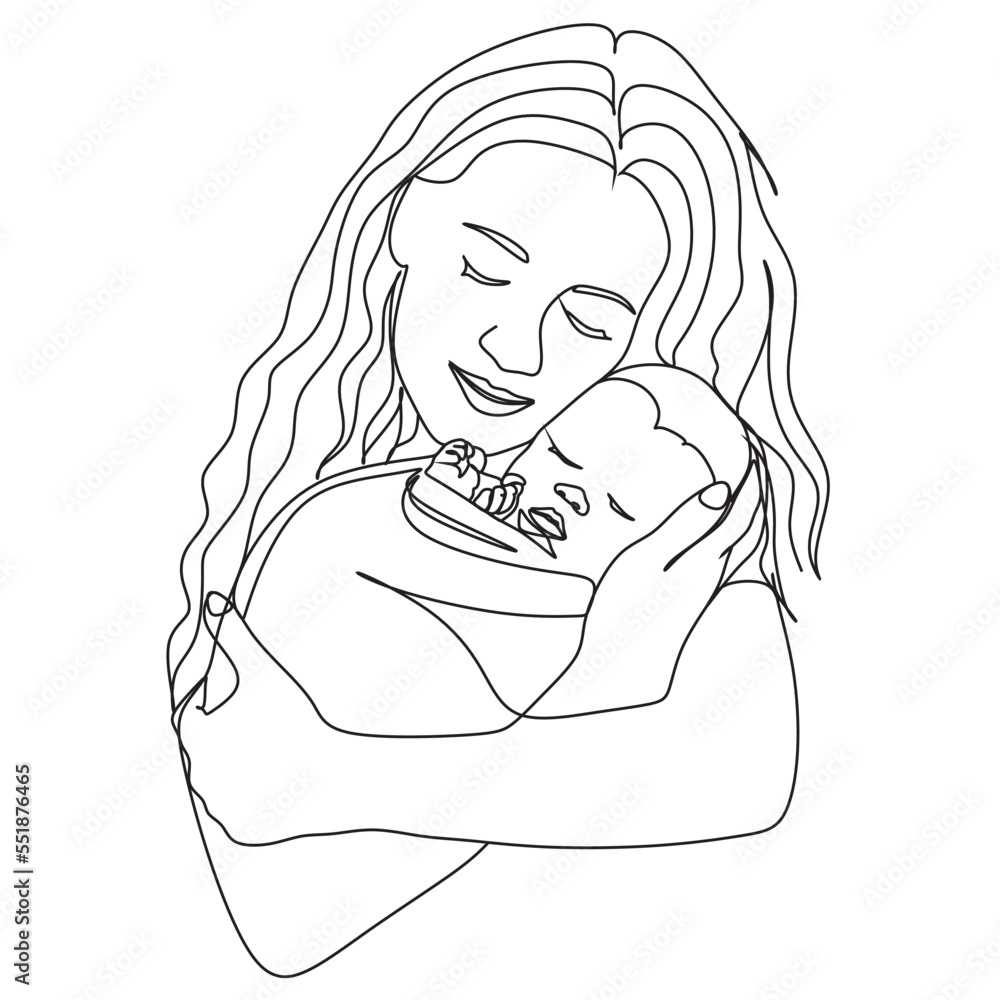 Vecteur Stock One line illustration mother and child. Continuous line ...