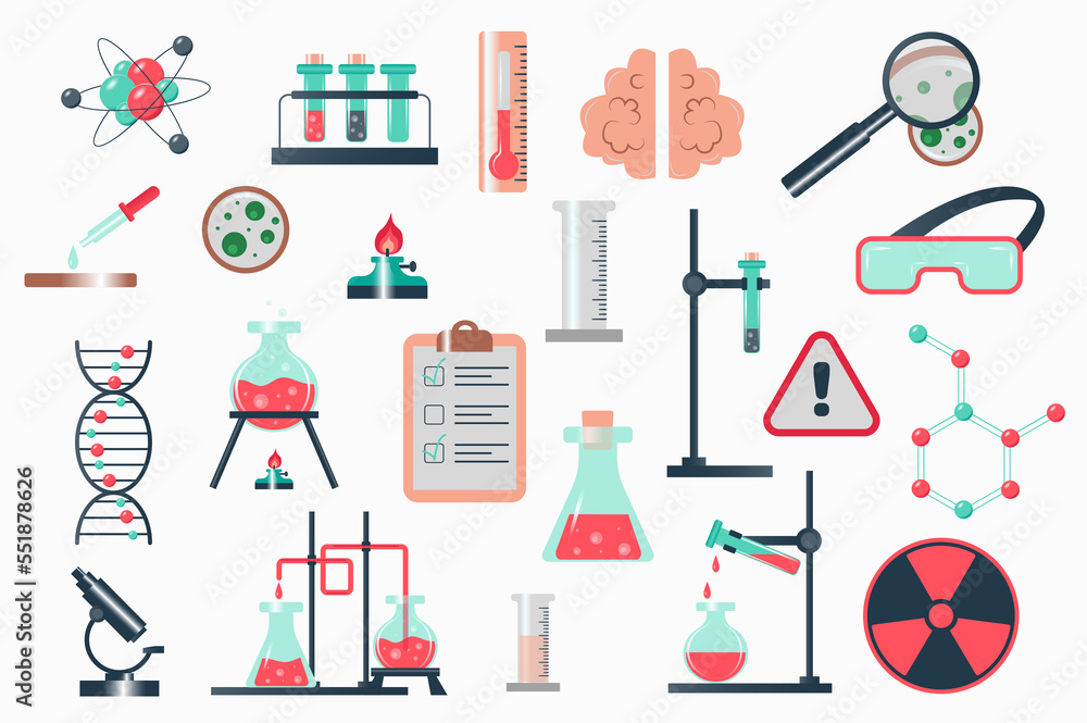 Science laboratory isolated elements set in flat design. Bundle of atom ...