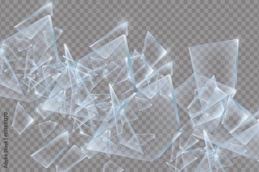 Broken glass pieces. Shattered glass on black background. Vector ...