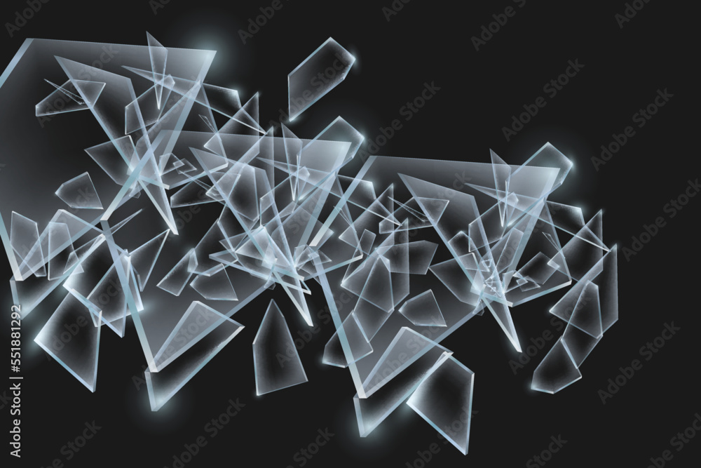Broken glass pieces. Shattered glass on black background. Vector realistic illustration Stock ...