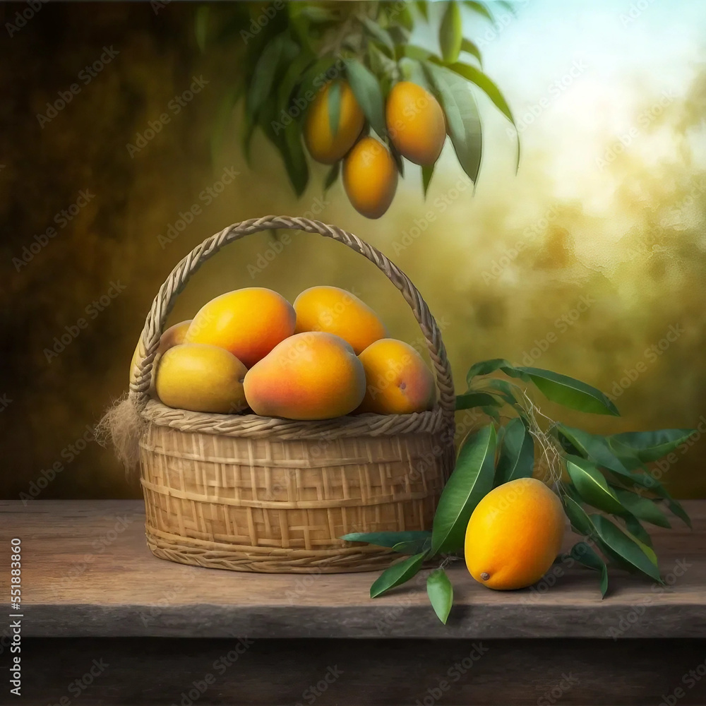 Mango in basket with leaves on wooden table and Mango tree farm with ...