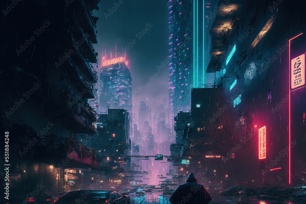 cyberpunk city, gloomy atmosphere, tall buildings, neon lights ...