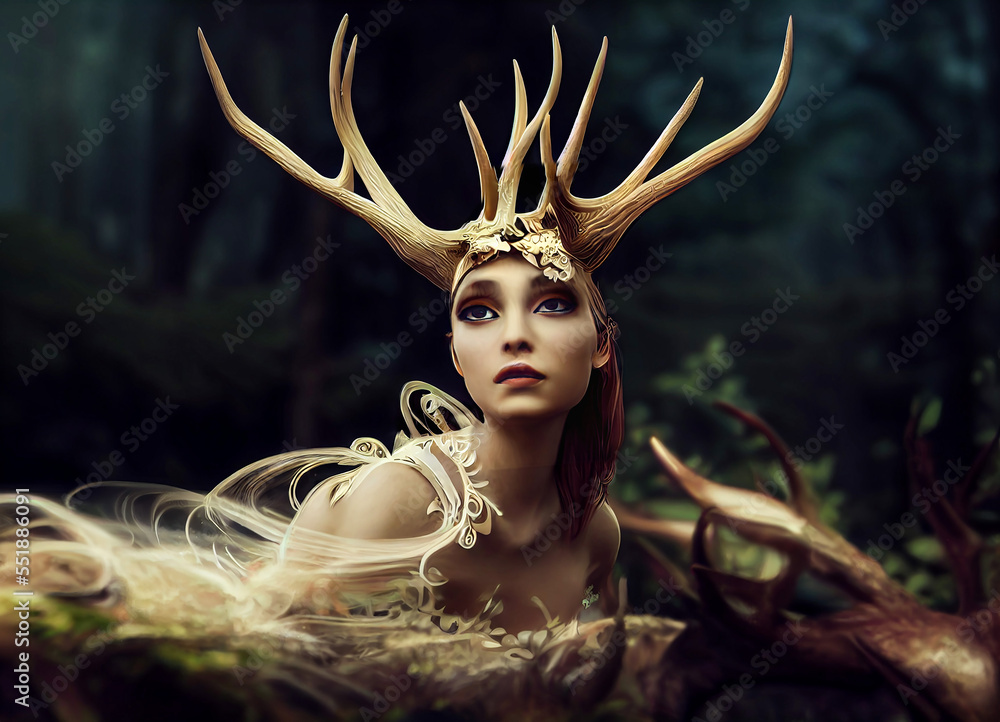 Beautiful fantasy fairy deer woman with antler on her head in the wood ...