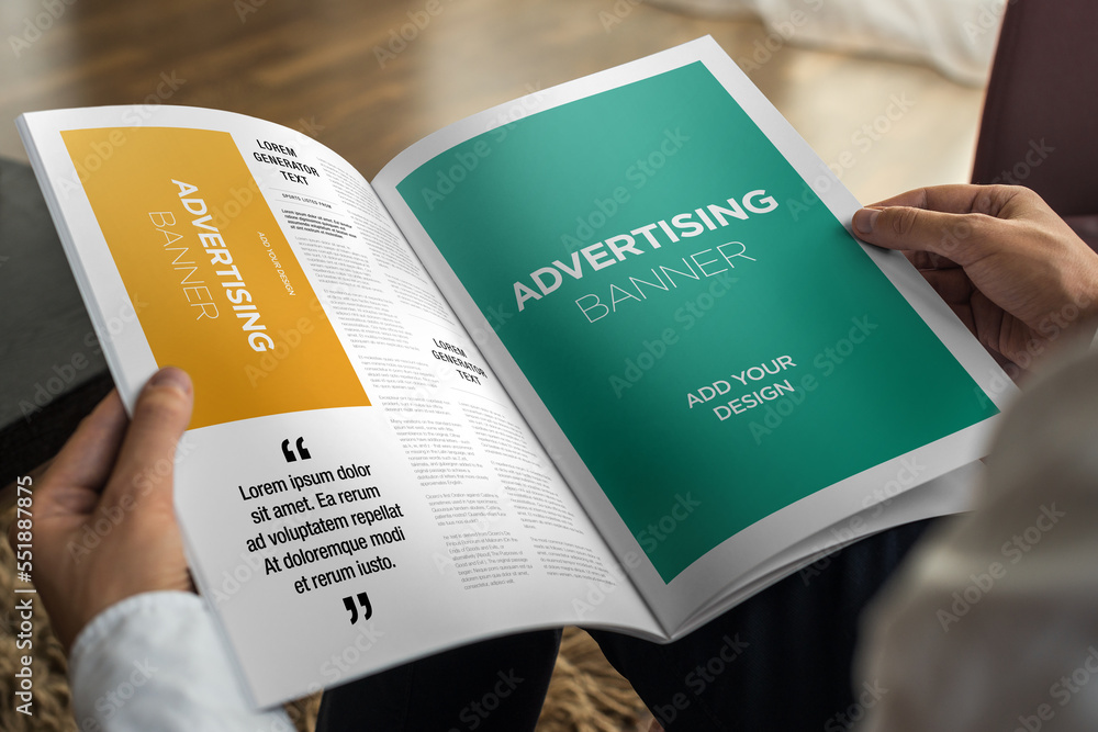 Advertising Banner on Magazine, Brochure Mockup With Hands Stock ...