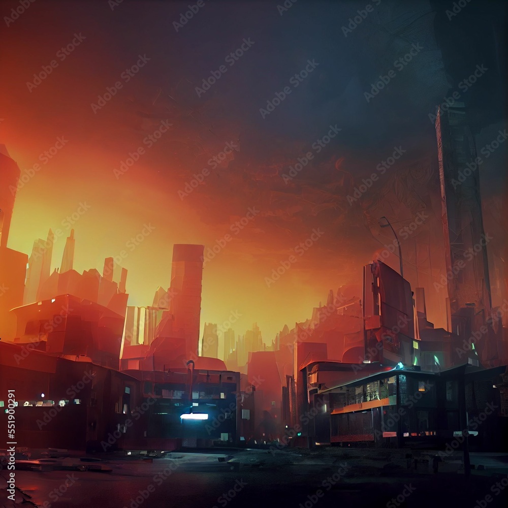 Post-apocalyptic city ruins in the future. AI-generated digital art ...