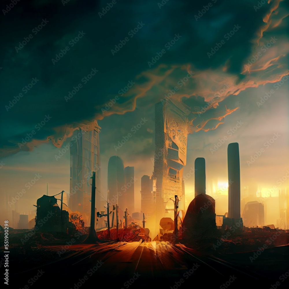Post-apocalyptic city ruins in the future. AI-generated digital art ...