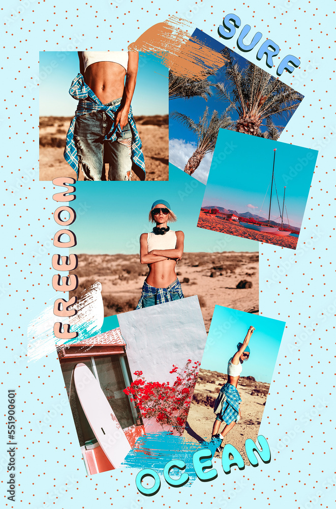 Fashion collage wallpapers. Surfing aesthetic girl. Text freedom surf ...